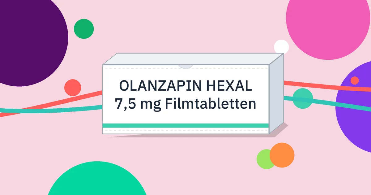 Symbolbild: Packung mit der Aufschrift OLANZAPIN HEXAL 7,5 mg Filmtabletten (PZN 08877458) – Verfügbarkeit und Bezug in Apotheken in Frankfurt am Main