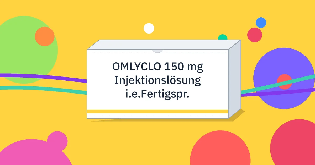 Symbolbild: Packung mit der Aufschrift OMLYCLO 150 mg Injektionslösung i.e.Fertigspr. (PZN 20583274) – Verfügbarkeit und Bezug in Apotheken in Frankfurt am Main