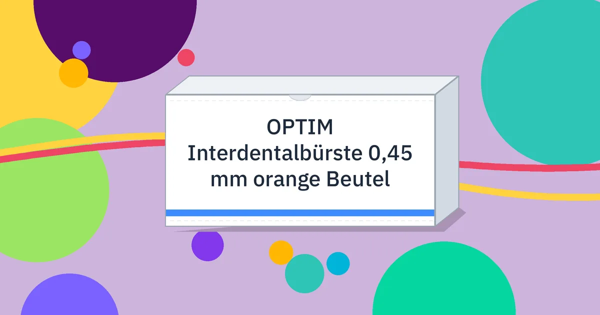 Symbolbild: Packung mit der Aufschrift OPTIM Interdentalbürste 0,45 mm orange Beutel (PZN 16237632) – Verfügbarkeit und Bezug in Apotheken in Frankfurt am Main