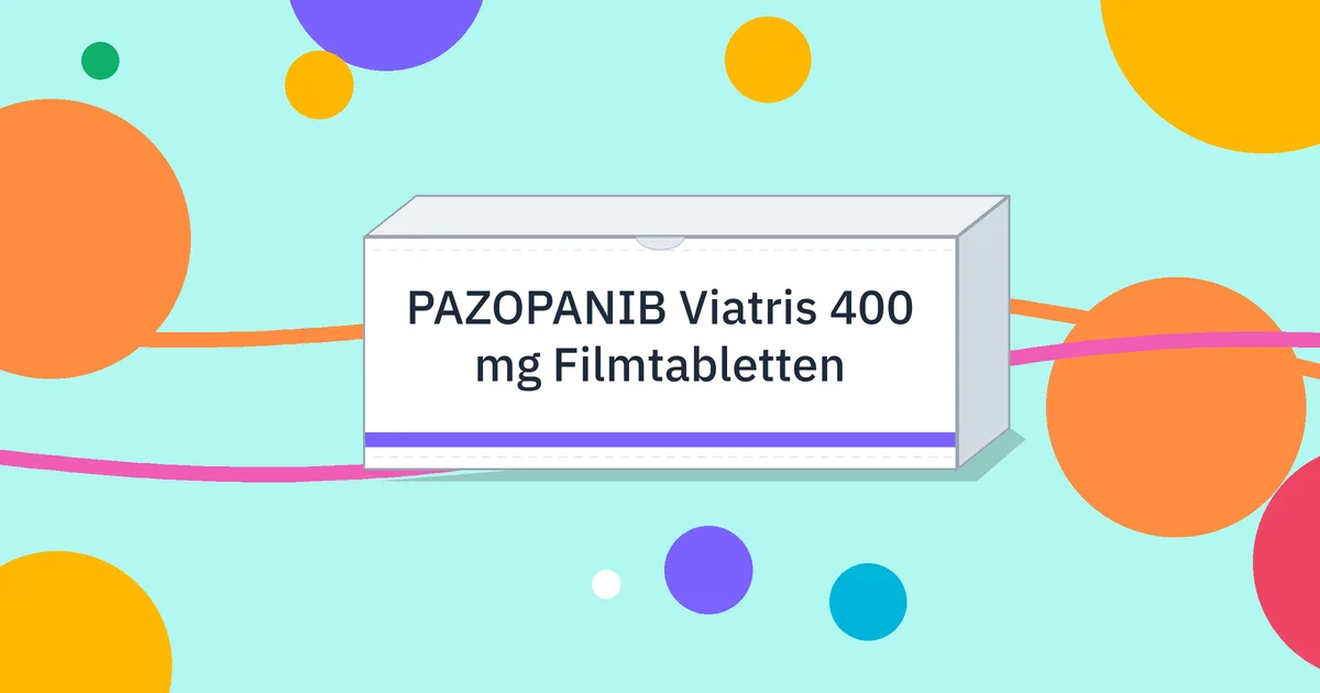 Symbolbild: Packung mit der Aufschrift PAZOPANIB Viatris 400 mg Filmtabletten (PZN 19877622) – Verfügbarkeit und Bezug in Apotheken in Frankfurt am Main