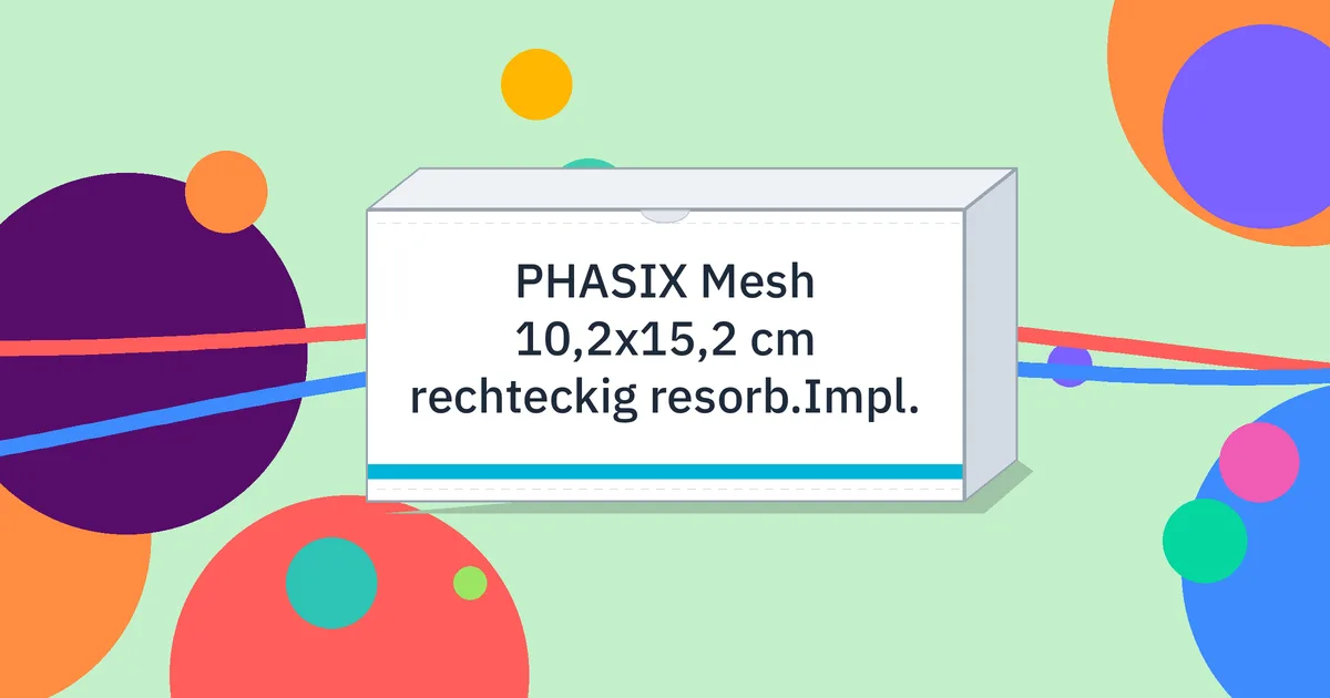 Symbolbild: Packung mit der Aufschrift PHASIX Mesh 10,2x15,2 cm rechteckig resorb.Impl. (PZN 11228255) – Verfügbarkeit und Bezug in Apotheken in Frankfurt am Main