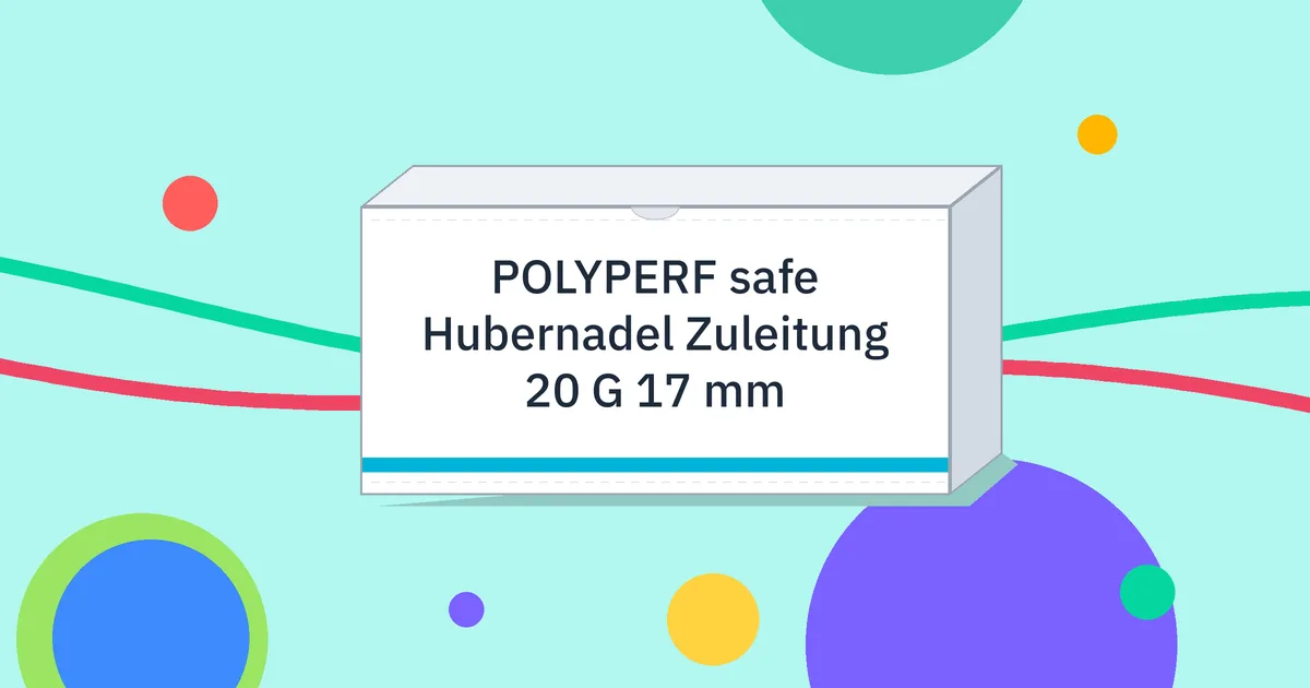 Symbolbild: Packung mit der Aufschrift POLYPERF safe Hubernadel Zuleitung 20 G 17 mm (PZN 12426253) – Verfügbarkeit und Bezug in Apotheken in Frankfurt am Main
