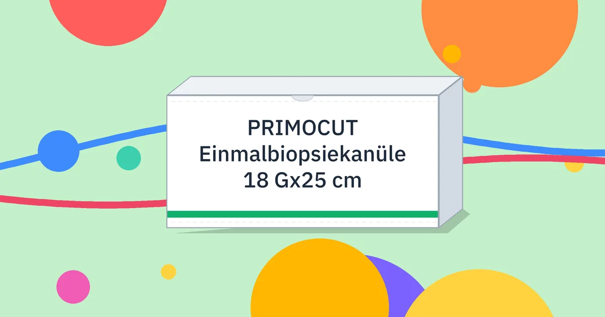 Symbolbild: Packung mit der Aufschrift PRIMOCUT Einmalbiopsiekanüle 18 Gx25 cm (PZN 03926382) – Verfügbarkeit und Bezug in Apotheken in Frankfurt am Main