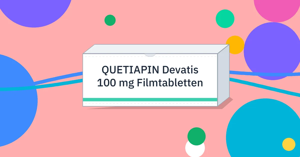 Symbolbild: Packung mit der Aufschrift QUETIAPIN Devatis 100 mg Filmtabletten (PZN 11484030) – Verfügbarkeit und Bezug in Apotheken in Frankfurt am Main