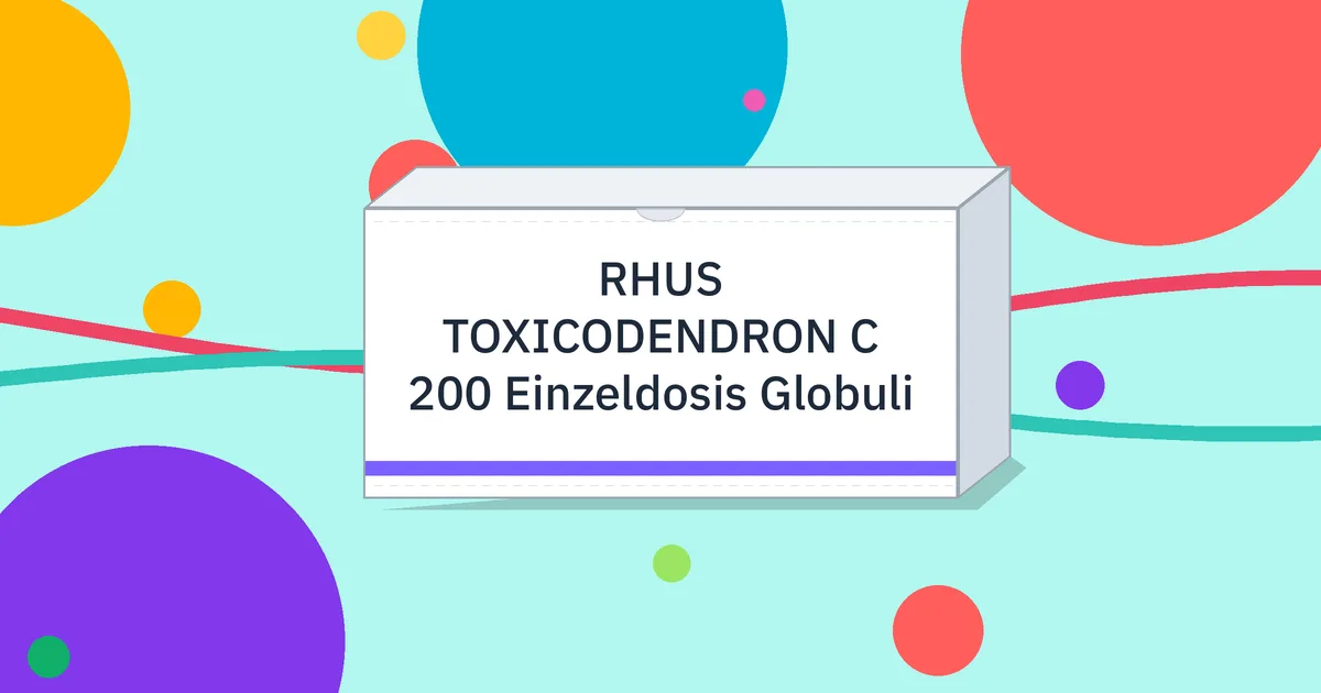 Symbolbild: Packung mit der Aufschrift RHUS TOXICODENDRON C 200 Einzeldosis Globuli (PZN 01542849) – Verfügbarkeit und Bezug in Apotheken in Frankfurt am Main