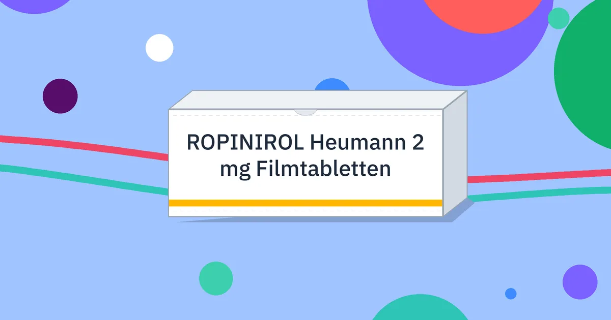 Symbolbild: Packung mit der Aufschrift ROPINIROL Heumann 2 mg Filmtabletten (PZN 02136689) – Verfügbarkeit und Bezug in Apotheken in Frankfurt am Main