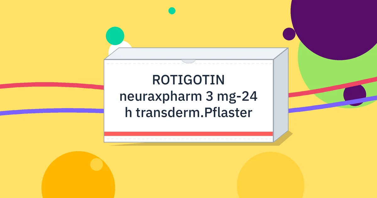 Symbolbild: Packung mit der Aufschrift ROTIGOTIN neuraxpharm 3 mg-24 h transderm.Pflaster (PZN 10003100) – Verfügbarkeit und Bezug in Apotheken in Frankfurt am Main