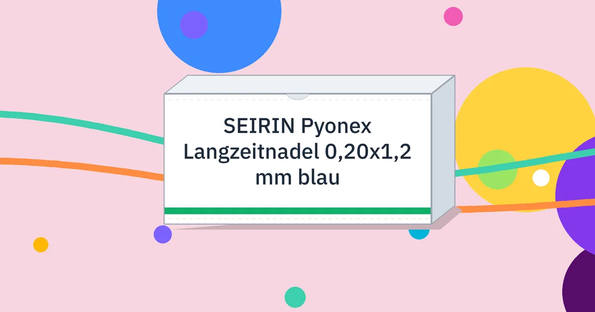 Symbolbild: Packung mit der Aufschrift SEIRIN Pyonex Langzeitnadel 0,20x1,2 mm blau (PZN 16034478) – Verfügbarkeit und Bezug in Apotheken in Frankfurt am Main