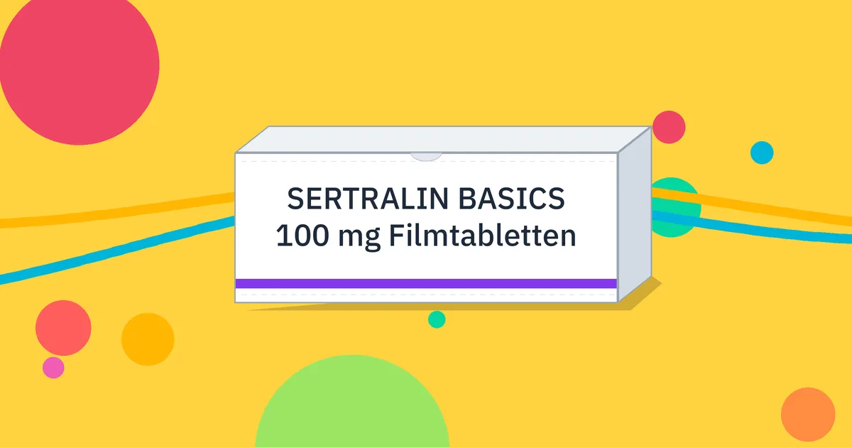 Symbolbild: Packung mit der Aufschrift SERTRALIN BASICS 100 mg Filmtabletten (PZN 00610833) – Verfügbarkeit und Bezug in Apotheken in Frankfurt am Main