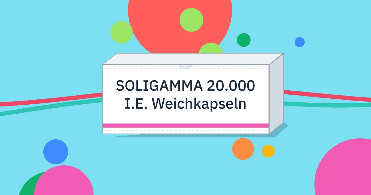 Symbolbild: Packung mit der Aufschrift SOLIGAMMA 20.000 I.E. Weichkapseln (PZN 19300963) – Verfügbarkeit und Bezug in Apotheken in Frankfurt am Main