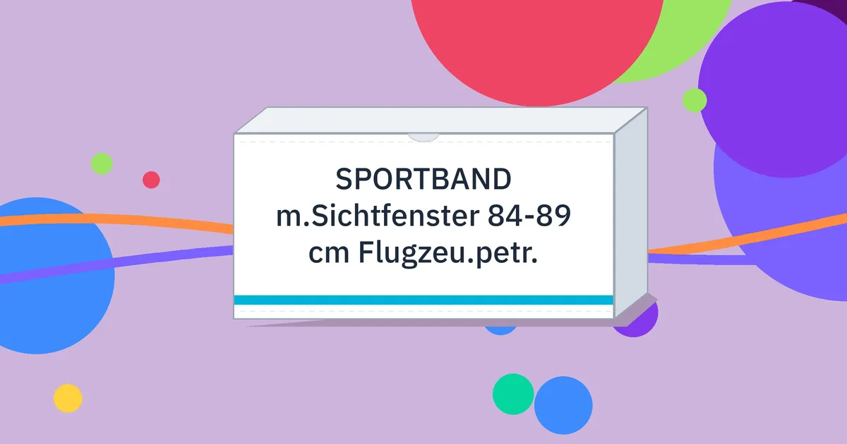 Symbolbild: Packung mit der Aufschrift SPORTBAND m.Sichtfenster 84-89 cm Flugzeu.petr. (PZN 13916309) – Verfügbarkeit und Bezug in Apotheken in Frankfurt am Main