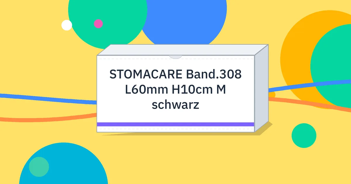 Symbolbild: Packung mit der Aufschrift STOMACARE Band.308 L60mm H10cm M schwarz (PZN 10841309) – Verfügbarkeit und Bezug in Apotheken in Frankfurt am Main