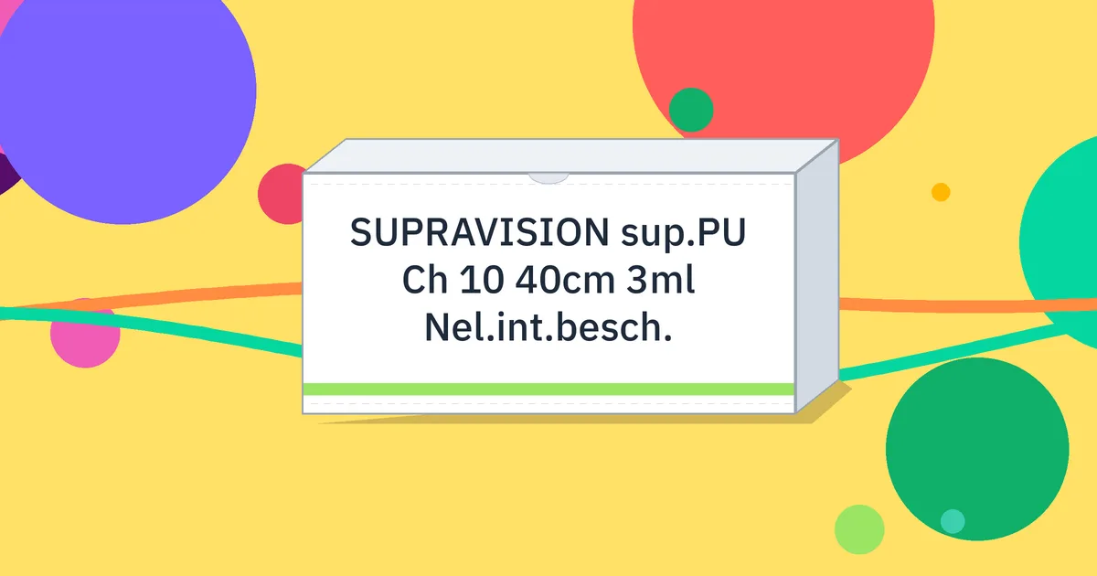 Symbolbild: Packung mit der Aufschrift SUPRAVISION sup.PU Ch 10 40cm 3ml Nel.int.besch. (PZN 18306142) – Verfügbarkeit und Bezug in Apotheken in Frankfurt am Main