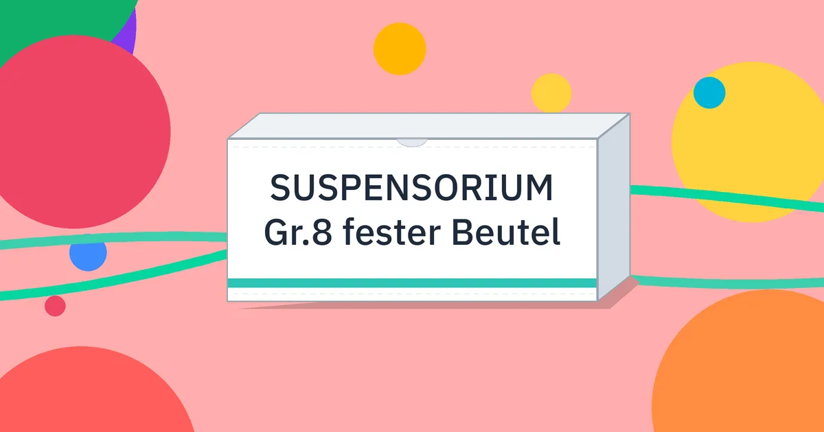 Symbolbild: Packung mit der Aufschrift SUSPENSORIUM Gr.8 fester Beutel (PZN 08517323) – Verfügbarkeit und Bezug in Apotheken in Frankfurt am Main