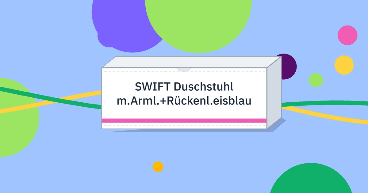 Symbolbild: Packung mit der Aufschrift SWIFT Duschstuhl m.Arml.+Rückenl.eisblau (PZN 07743690) – Verfügbarkeit und Bezug in Apotheken in Frankfurt am Main