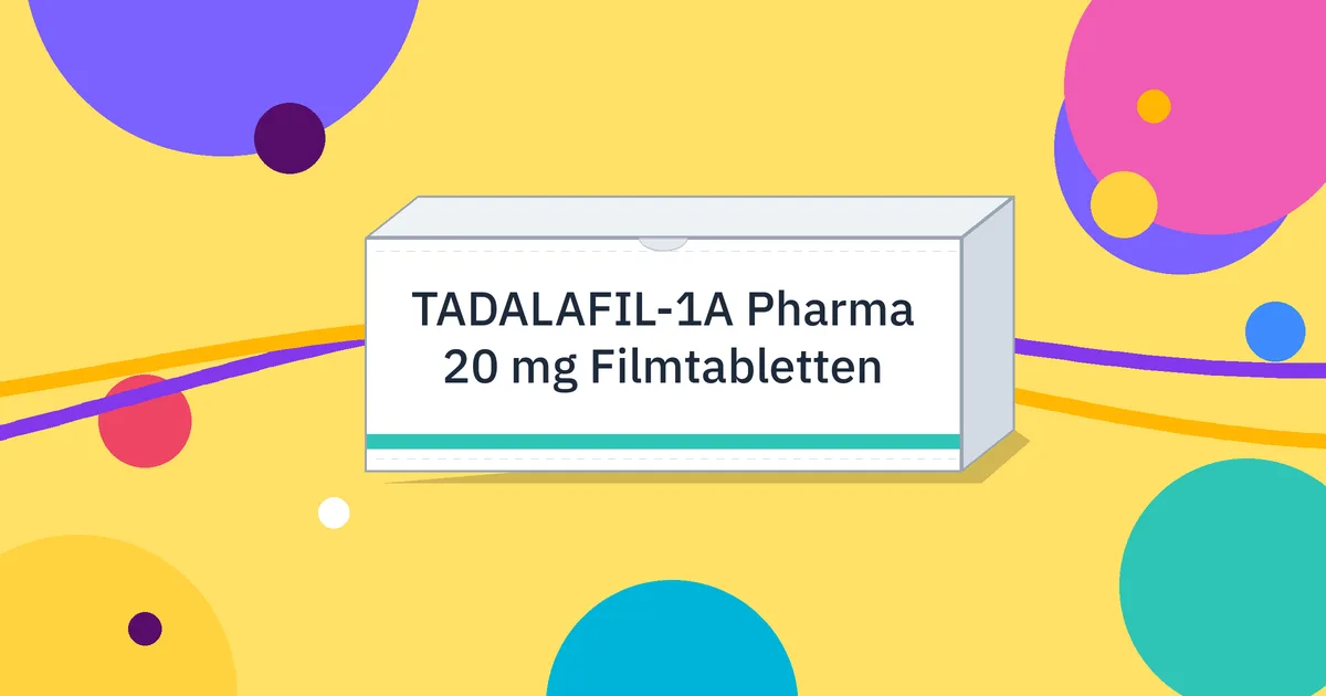 Symbolbild: Packung mit der Aufschrift TADALAFIL-1A Pharma 20 mg Filmtabletten (PZN 13167894) – Verfügbarkeit und Bezug in Apotheken in Frankfurt am Main