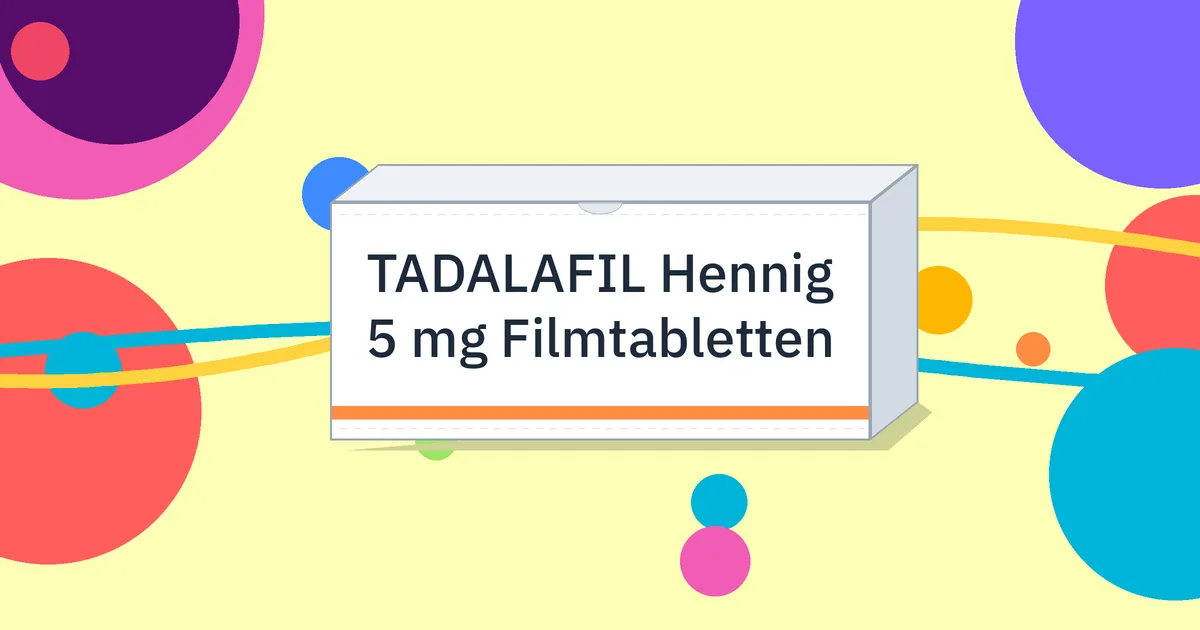 Symbolbild: Packung mit der Aufschrift TADALAFIL Hennig 5 mg Filmtabletten (PZN 13921351) – Verfügbarkeit und Bezug in Apotheken in Frankfurt am Main