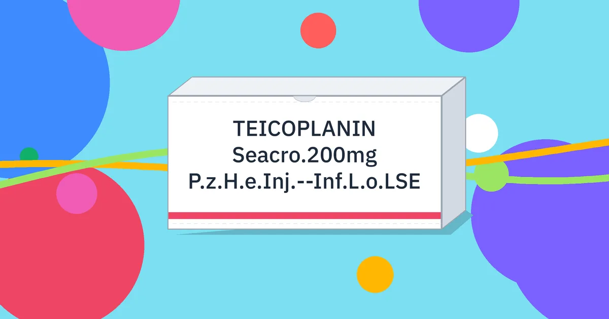 Symbolbild: Packung mit der Aufschrift TEICOPLANIN Seacro.200mg P.z.H.e.Inj.--Inf.L.o.LSE (PZN 19927679) – Verfügbarkeit und Bezug in Apotheken in Frankfurt am Main