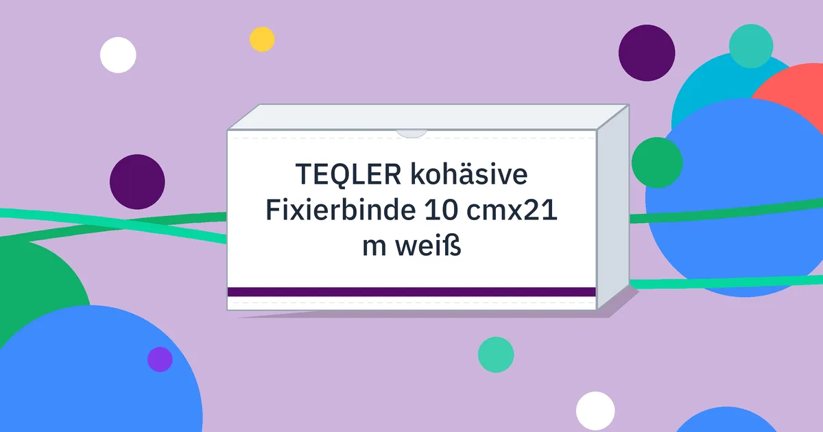 Symbolbild: Packung mit der Aufschrift TEQLER kohäsive Fixierbinde 10 cmx21 m weiß (PZN 19209501) – Verfügbarkeit und Bezug in Apotheken in Frankfurt am Main