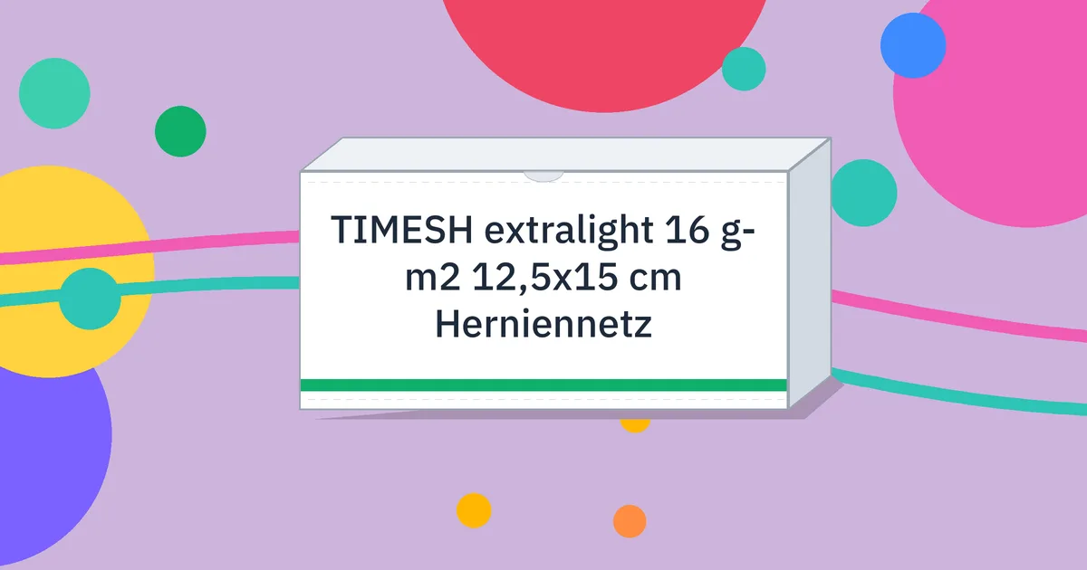 Symbolbild: Packung mit der Aufschrift TIMESH extralight 16 g-m2 12,5x15 cm Herniennetz (PZN 18157759) – Verfügbarkeit und Bezug in Apotheken in Frankfurt am Main
