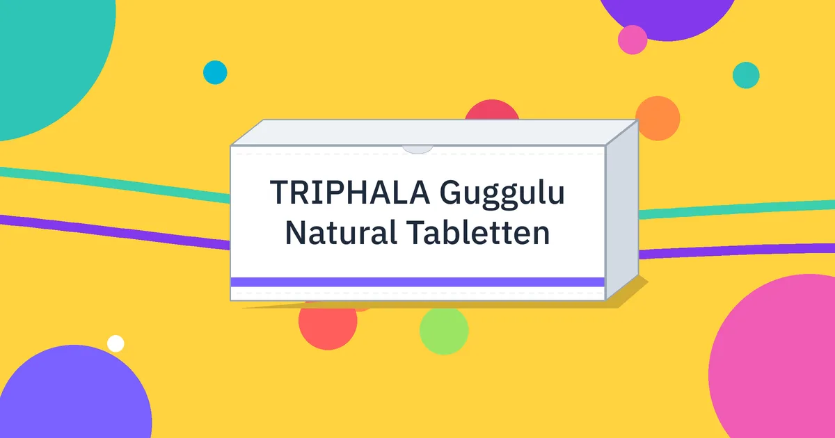 Symbolbild: Packung mit der Aufschrift TRIPHALA Guggulu Natural Tabletten (PZN 18723986) – Verfügbarkeit und Bezug in Apotheken in Frankfurt am Main