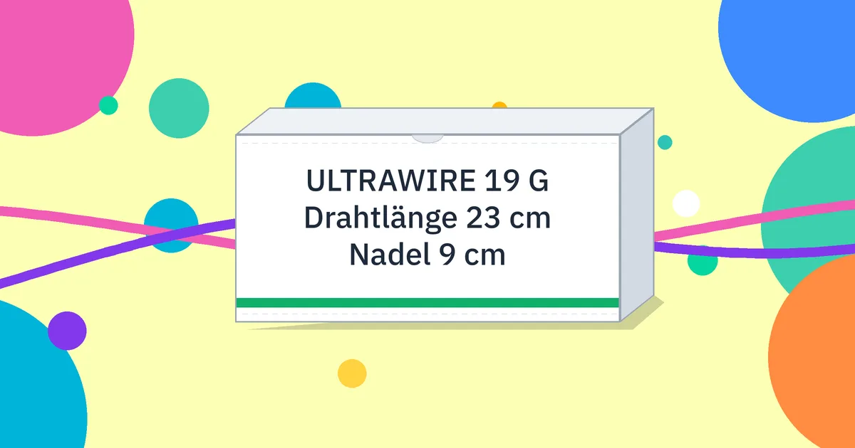 Symbolbild: Packung mit der Aufschrift ULTRAWIRE 19 G Drahtlänge 23 cm Nadel 9 cm (PZN 03567440) – Verfügbarkeit und Bezug in Apotheken in Frankfurt am Main