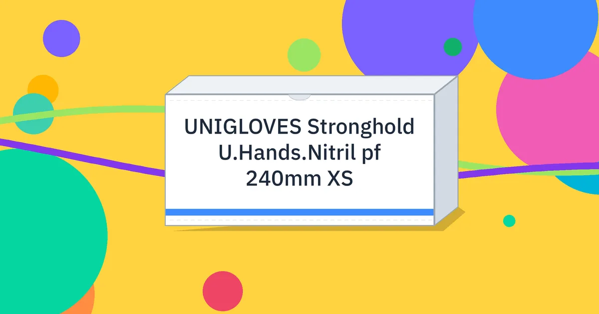 Symbolbild: Packung mit der Aufschrift UNIGLOVES Stronghold U.Hands.Nitril pf 240mm XS (PZN 20079050) – Verfügbarkeit und Bezug in Apotheken in Frankfurt am Main