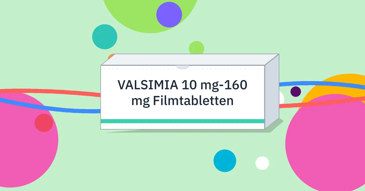 Symbolbild: Packung mit der Aufschrift VALSIMIA 10 mg-160 mg Filmtabletten (PZN 15639512) – Verfügbarkeit und Bezug in Apotheken in Frankfurt am Main