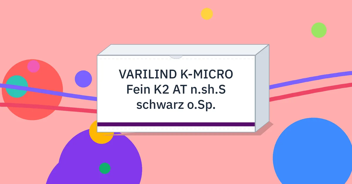 Symbolbild: Packung mit der Aufschrift VARILIND K-MICRO Fein K2 AT n.sh.S schwarz o.Sp. (PZN 20553818) – Verfügbarkeit und Bezug in Apotheken in Frankfurt am Main