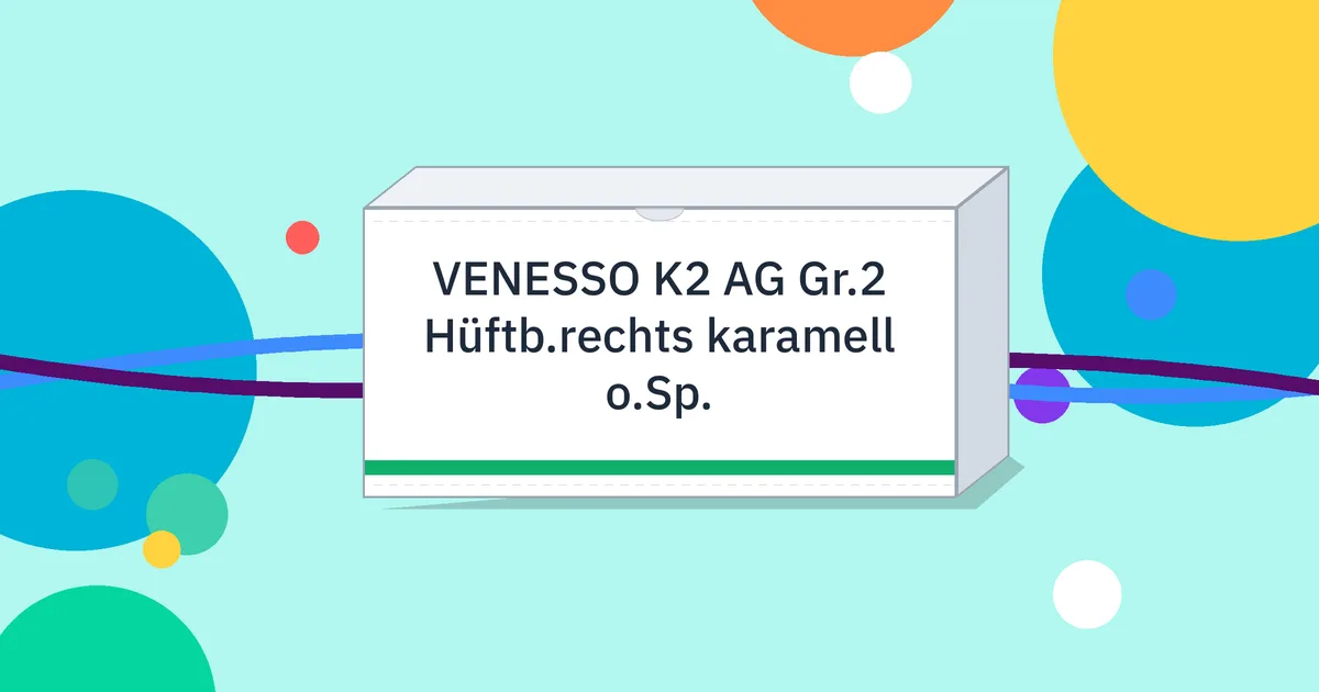 Symbolbild: Packung mit der Aufschrift VENESSO K2 AG Gr.2 Hüftb.rechts karamell o.Sp. (PZN 13761686) – Verfügbarkeit und Bezug in Apotheken in Frankfurt am Main