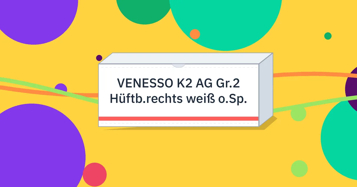 Symbolbild: Packung mit der Aufschrift VENESSO K2 AG Gr.2 Hüftb.rechts weiß o.Sp. (PZN 03271774) – Verfügbarkeit und Bezug in Apotheken in Frankfurt am Main