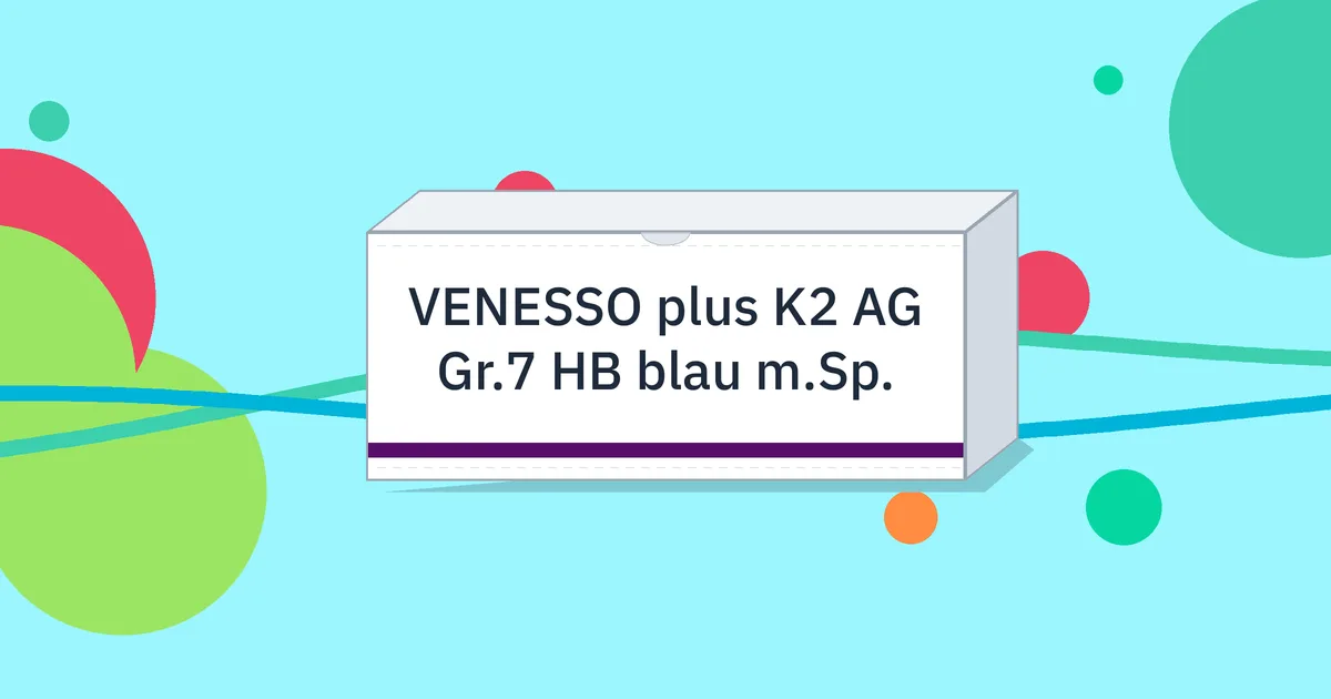 Symbolbild: Packung mit der Aufschrift VENESSO plus K2 AG Gr.7 HB blau m.Sp. (PZN 03293215) – Verfügbarkeit und Bezug in Apotheken in Frankfurt am Main