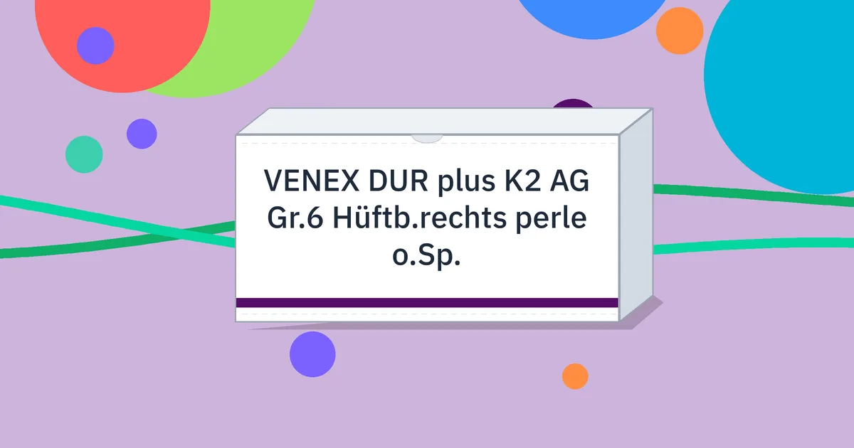 Symbolbild: Packung mit der Aufschrift VENEX DUR plus K2 AG Gr.6 Hüftb.rechts perle o.Sp. (PZN 03242063) – Verfügbarkeit und Bezug in Apotheken in Frankfurt am Main