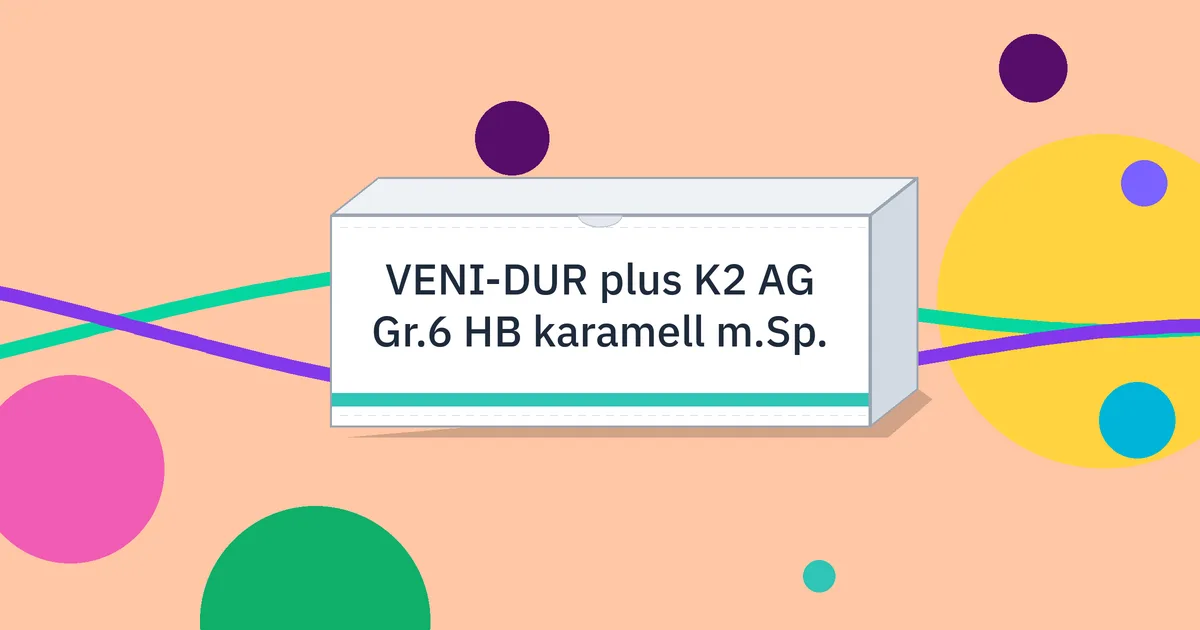 Symbolbild: Packung mit der Aufschrift VENI-DUR plus K2 AG Gr.6 HB karamell m.Sp. (PZN 13756751) – Verfügbarkeit und Bezug in Apotheken in Frankfurt am Main
