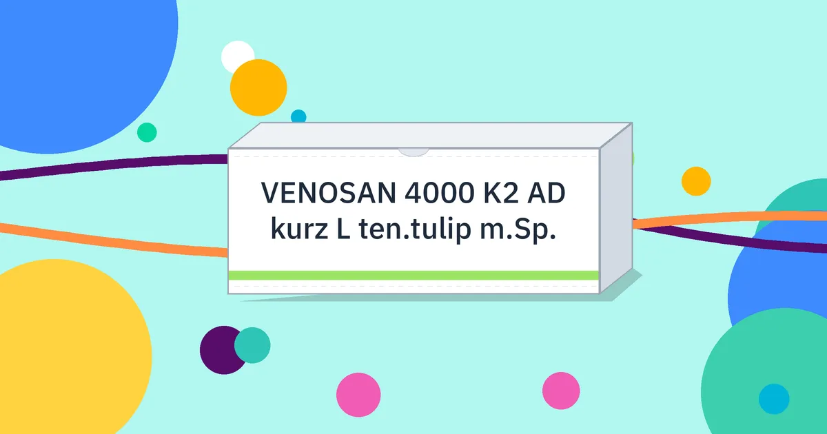 Symbolbild: Packung mit der Aufschrift VENOSAN 4000 K2 AD kurz L ten.tulip m.Sp. (PZN 19154148) – Verfügbarkeit und Bezug in Apotheken in Frankfurt am Main