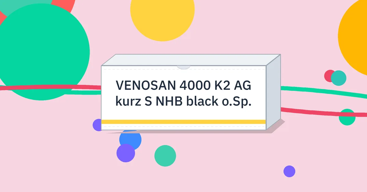 Symbolbild: Packung mit der Aufschrift VENOSAN 4000 K2 AG kurz S NHB black o.Sp. (PZN 14427908) – Verfügbarkeit und Bezug in Apotheken in Frankfurt am Main