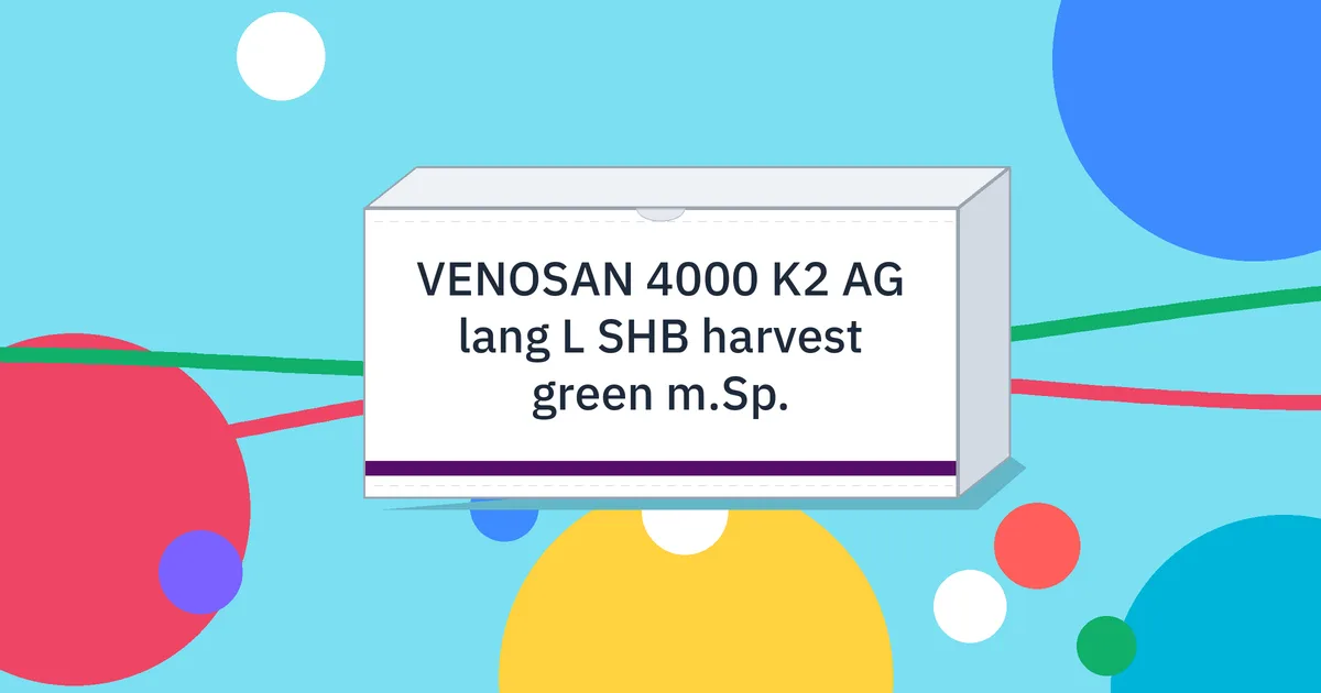 Symbolbild: Packung mit der Aufschrift VENOSAN 4000 K2 AG lang L SHB harvest green m.Sp. (PZN 18847694) – Verfügbarkeit und Bezug in Apotheken in Frankfurt am Main