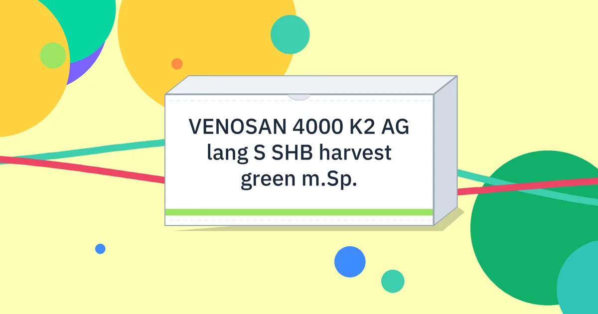 Symbolbild: Packung mit der Aufschrift VENOSAN 4000 K2 AG lang S SHB harvest green m.Sp. (PZN 18847671) – Verfügbarkeit und Bezug in Apotheken in Frankfurt am Main