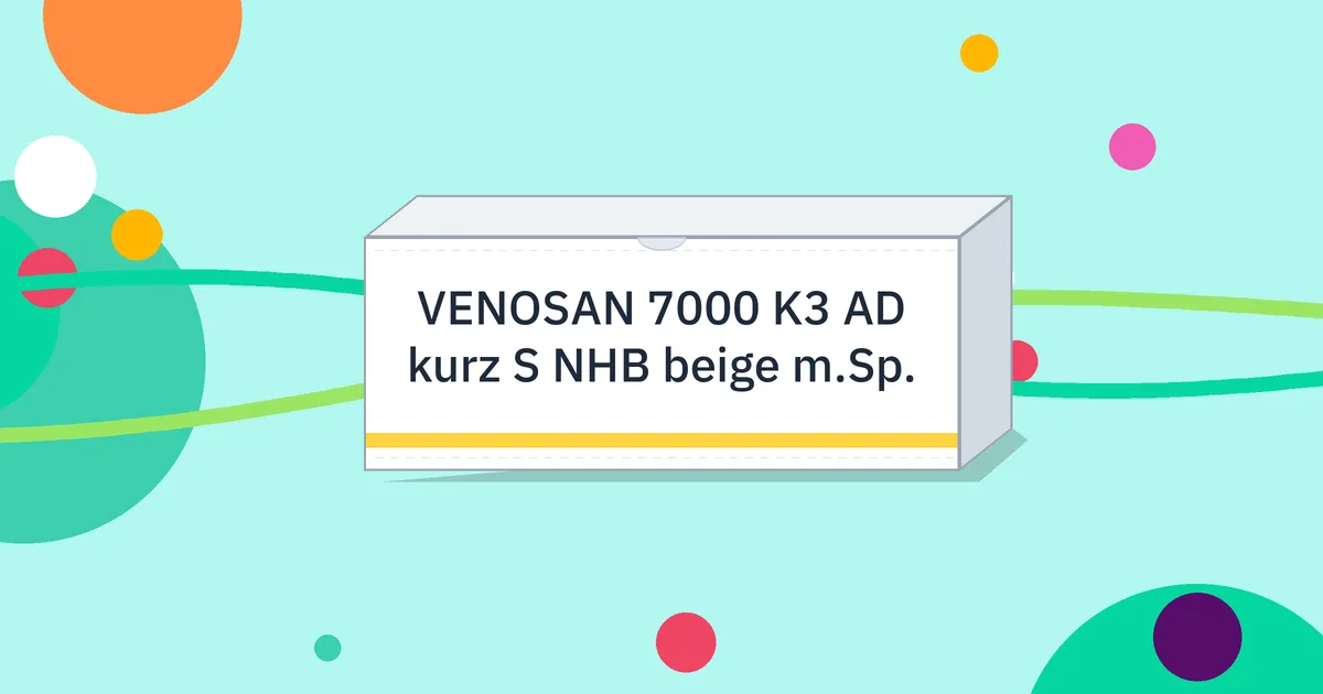 Symbolbild: Packung mit der Aufschrift VENOSAN 7000 K3 AD kurz S NHB beige m.Sp. (PZN 14435279) – Verfügbarkeit und Bezug in Apotheken in Frankfurt am Main