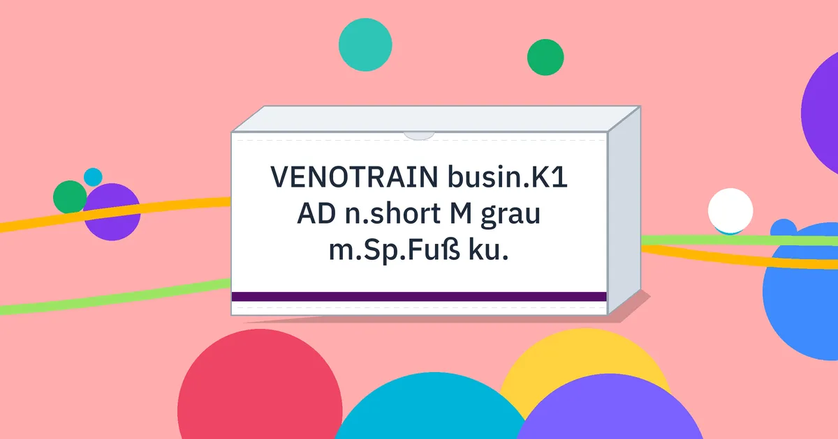 Symbolbild: Packung mit der Aufschrift VENOTRAIN busin.K1 AD n.short M grau m.Sp.Fuß ku. (PZN 19057161) – Verfügbarkeit und Bezug in Apotheken in Frankfurt am Main