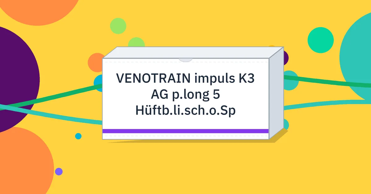Symbolbild: Packung mit der Aufschrift VENOTRAIN impuls K3 AG p.long 5 Hüftb.li.sch.o.Sp (PZN 10296119) – Verfügbarkeit und Bezug in Apotheken in Frankfurt am Main