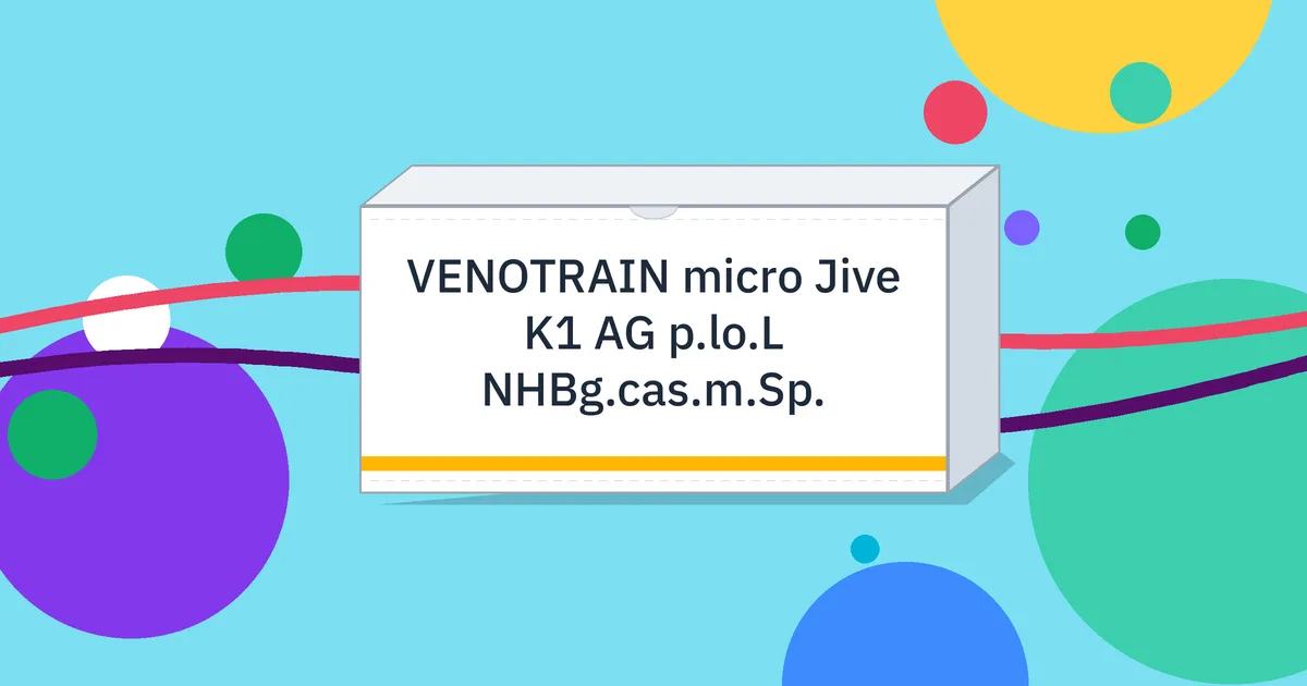 Symbolbild: Packung mit der Aufschrift VENOTRAIN micro Jive K1 AG p.lo.L NHBg.cas.m.Sp. (PZN 20766796) – Verfügbarkeit und Bezug in Apotheken in Frankfurt am Main