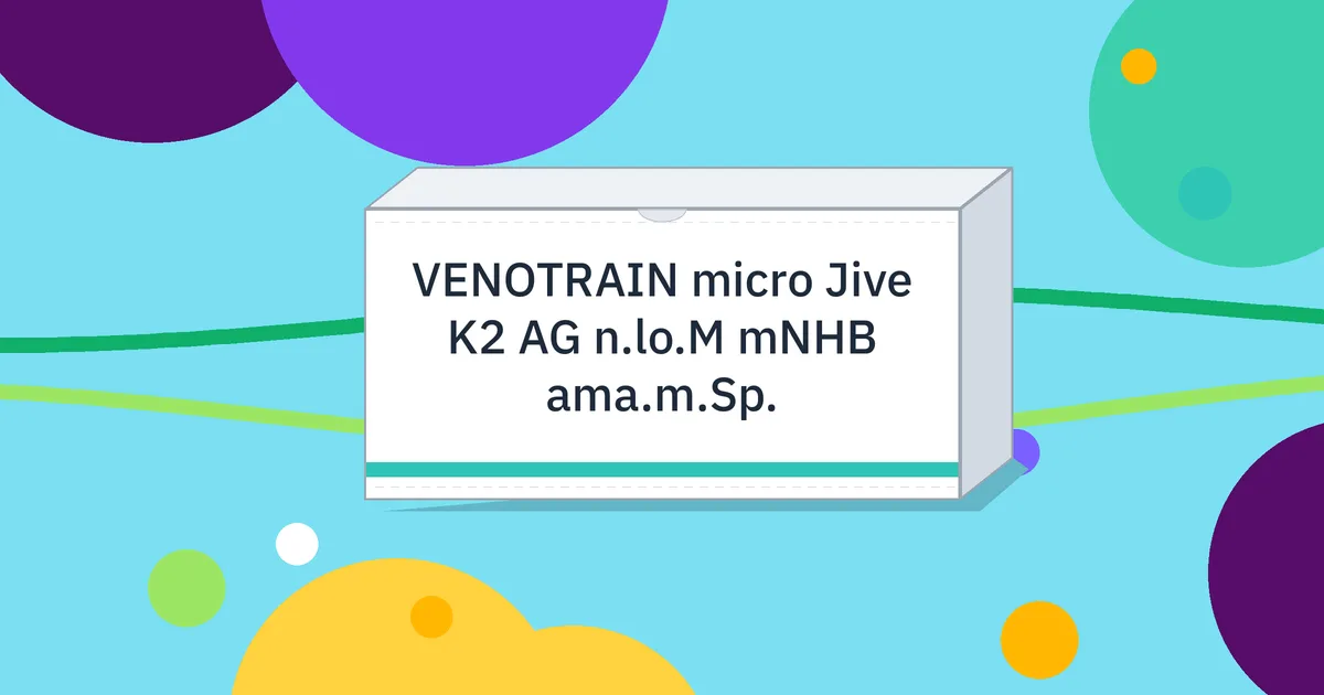 Symbolbild: Packung mit der Aufschrift VENOTRAIN micro Jive K2 AG n.lo.M mNHB ama.m.Sp. (PZN 17759657) – Verfügbarkeit und Bezug in Apotheken in Frankfurt am Main