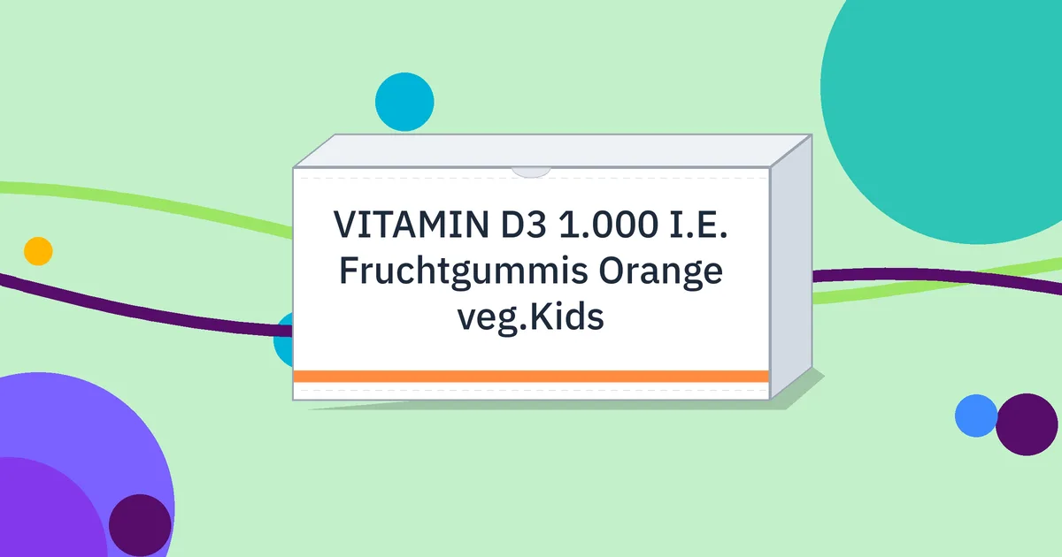 Symbolbild: Packung mit der Aufschrift VITAMIN D3 1.000 I.E. Fruchtgummis Orange veg.Kids (PZN 18210525) – Verfügbarkeit und Bezug in Apotheken in Frankfurt am Main