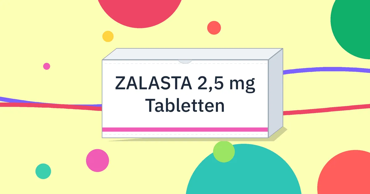 Symbolbild: Packung mit der Aufschrift ZALASTA 2,5 mg Tabletten (PZN 09097550) – Verfügbarkeit und Bezug in Apotheken in Frankfurt am Main