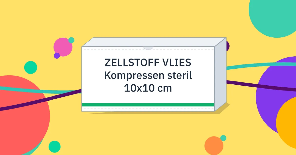 Symbolbild: Packung mit der Aufschrift ZELLSTOFF VLIES Kompressen steril 10x10 cm (PZN 06347638) – Verfügbarkeit und Bezug in Apotheken in Frankfurt am Main