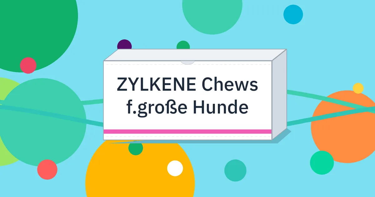 Symbolbild: Packung mit der Aufschrift ZYLKENE Chews f.große Hunde (PZN 18439009) – Verfügbarkeit und Bezug in Apotheken in Frankfurt am Main