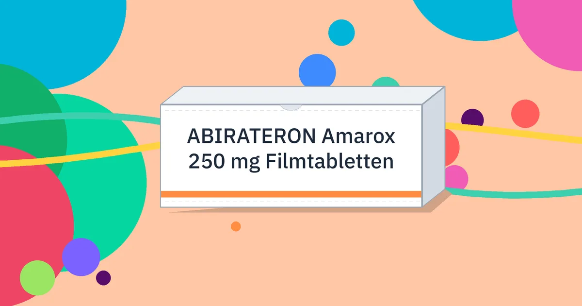 Symbolbild: Packung mit der Aufschrift ABIRATERON Amarox 250 mg Filmtabletten (PZN 18738255) – Verfügbarkeit und Bezug in Apotheken in Frankfurt am Main