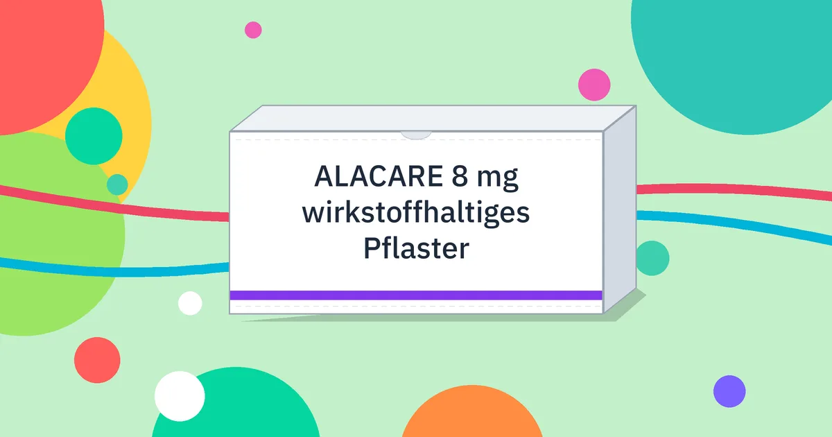 Symbolbild: Packung mit der Aufschrift ALACARE 8 mg wirkstoffhaltiges Pflaster (PZN 08879960) – Verfügbarkeit und Bezug in Apotheken in Frankfurt am Main