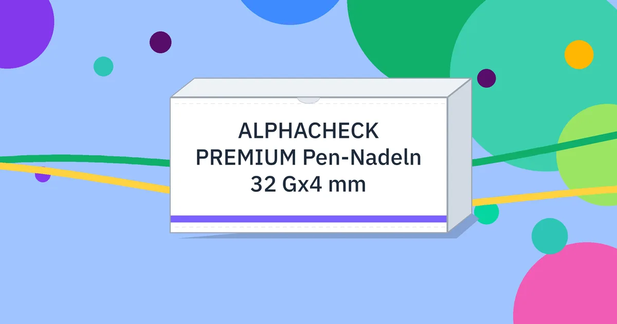 Symbolbild: Packung mit der Aufschrift ALPHACHECK PREMIUM Pen-Nadeln 32 Gx4 mm (PZN 16875278) – Verfügbarkeit und Bezug in Apotheken in Frankfurt am Main
